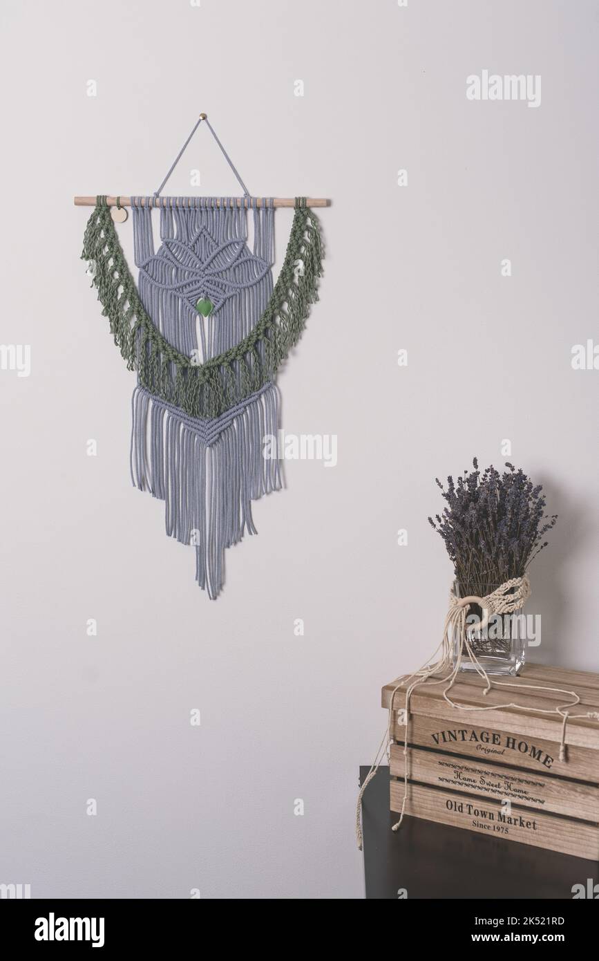 Iris And Green Macramé Wall Hanging Fiber Art Decoration With Lotus Flower Symbol Macrame