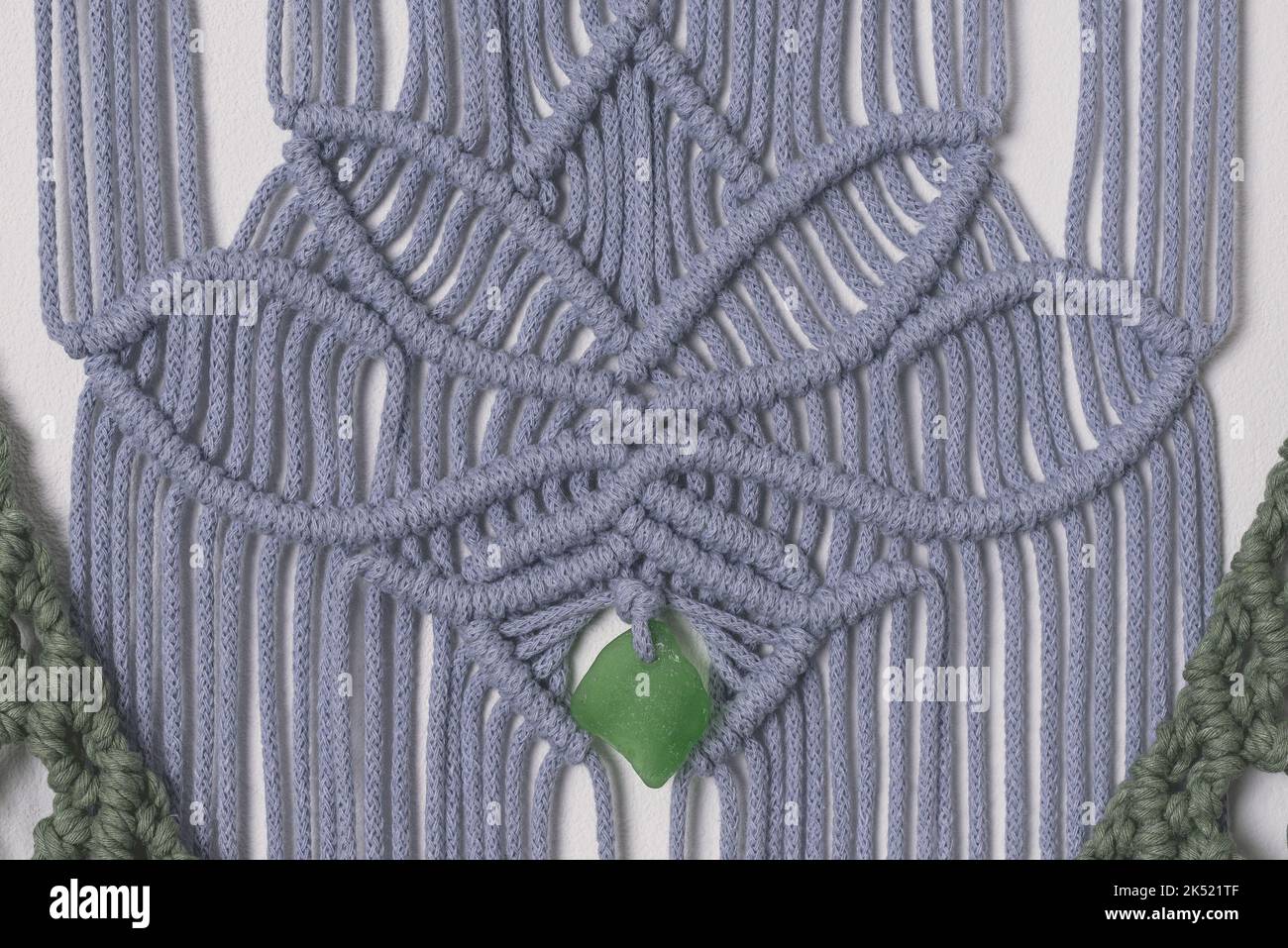 Iris And Green Macramé Wall Hanging Fiber Art Decoration With Lotus Flower Symbol Macrame