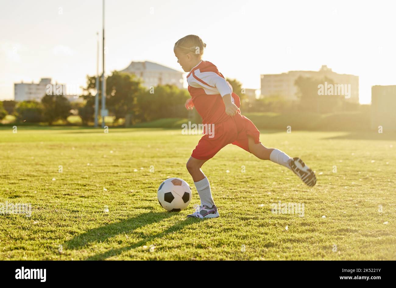 Soccer, football and sports girl training on field preparing for match ...