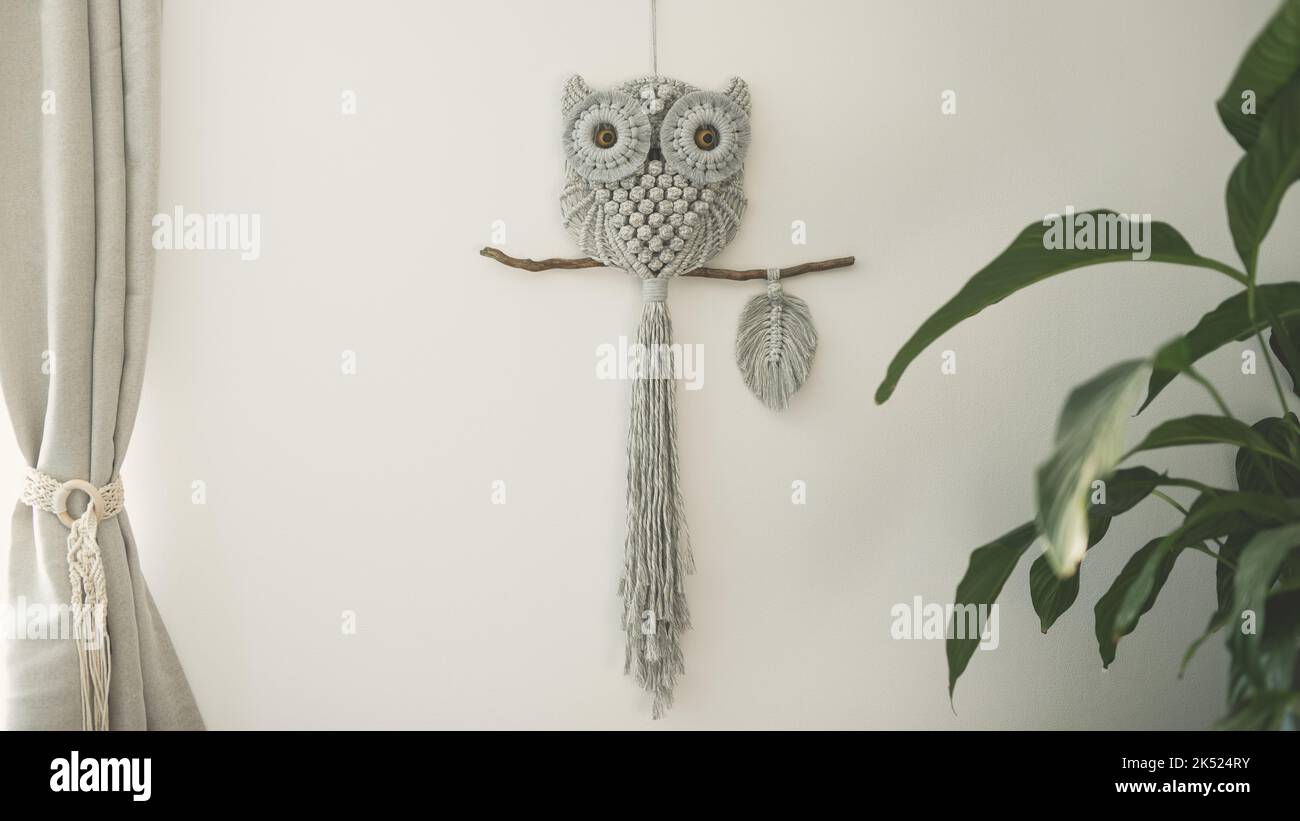 fine art macramé owl model on branch children's room wall decoration ...
