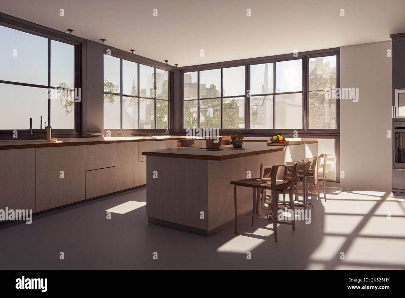 A 3D render of an architectural visualization of a modern kitchen Stock ...