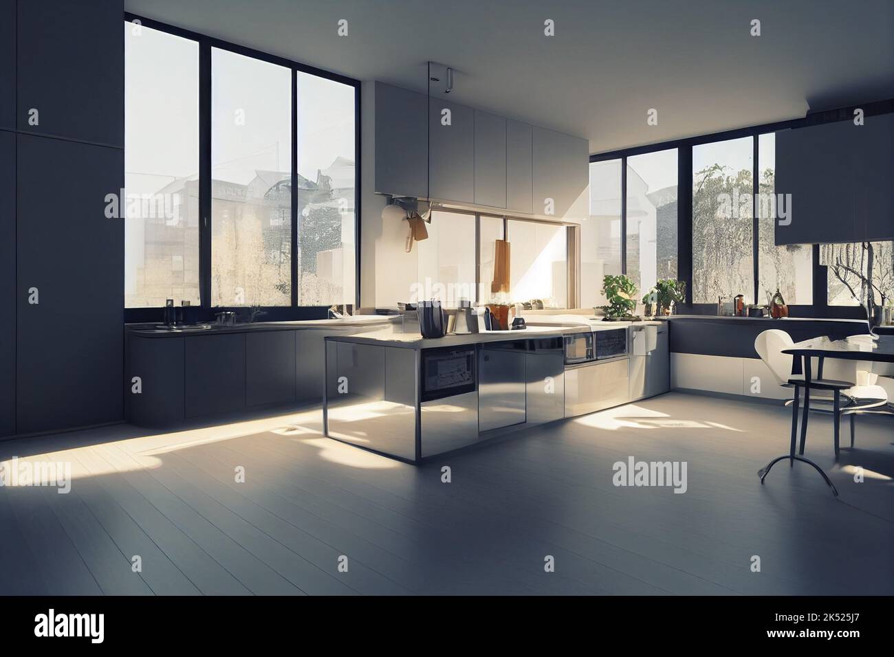 A 3D render of an architectural visualization of a modern kitchen Stock ...