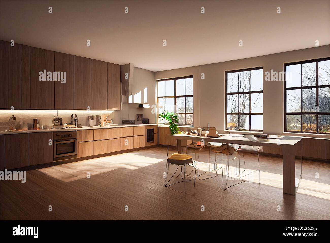 A 3D render of an architectural visualization of a modern kitchen Stock ...