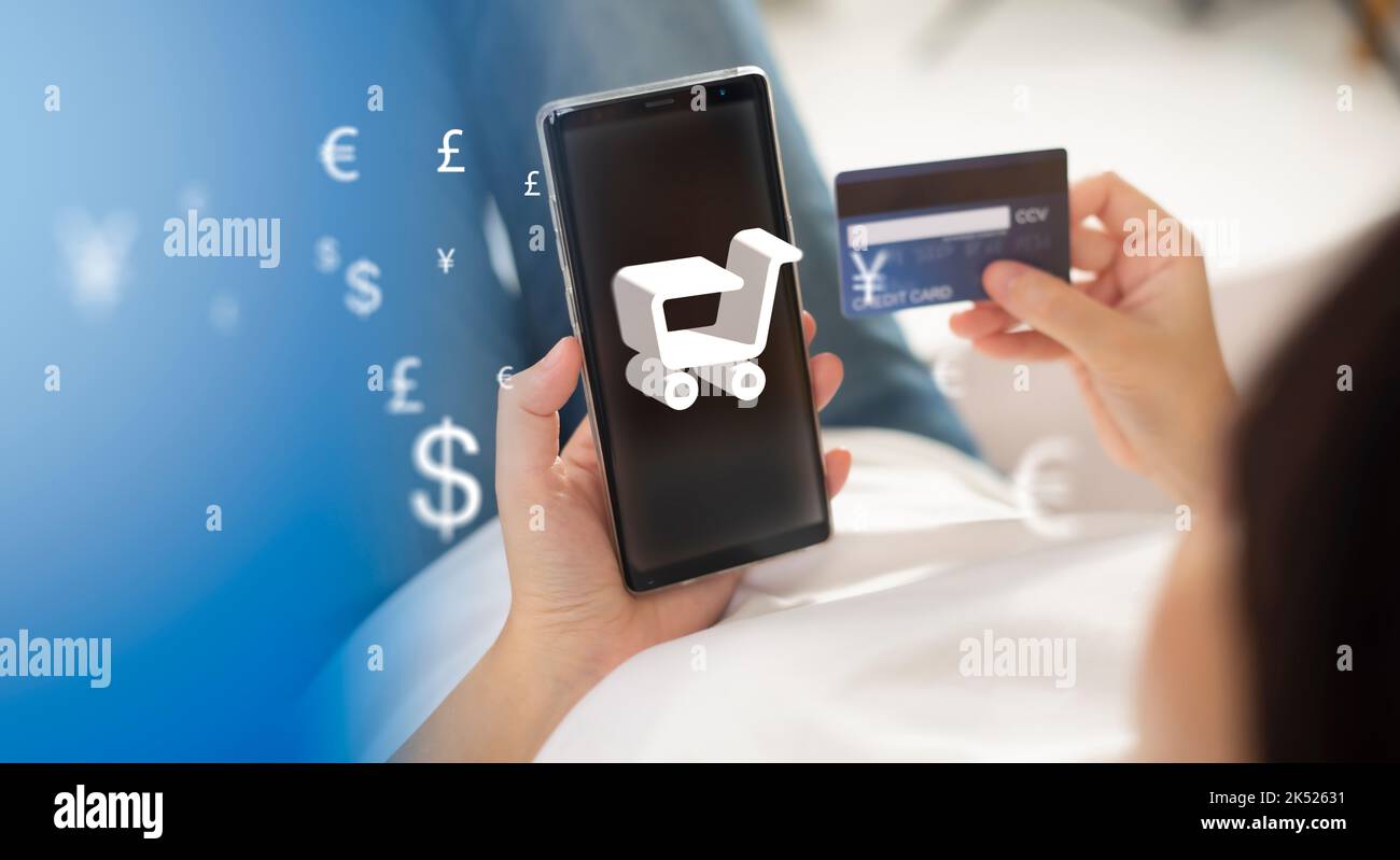 Online shopping concept through the internet and the use of currency ...