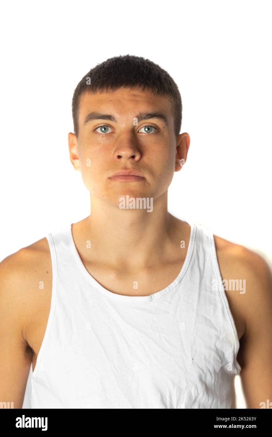 A Portrait Of A 19 Year Old Teenage Boy On A White Background Stock
