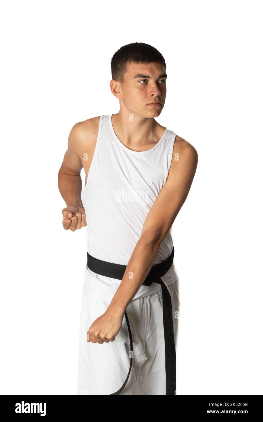 19 Year Old Teenage Boy Practacing a Karate Low Level Groin Block Stock ...