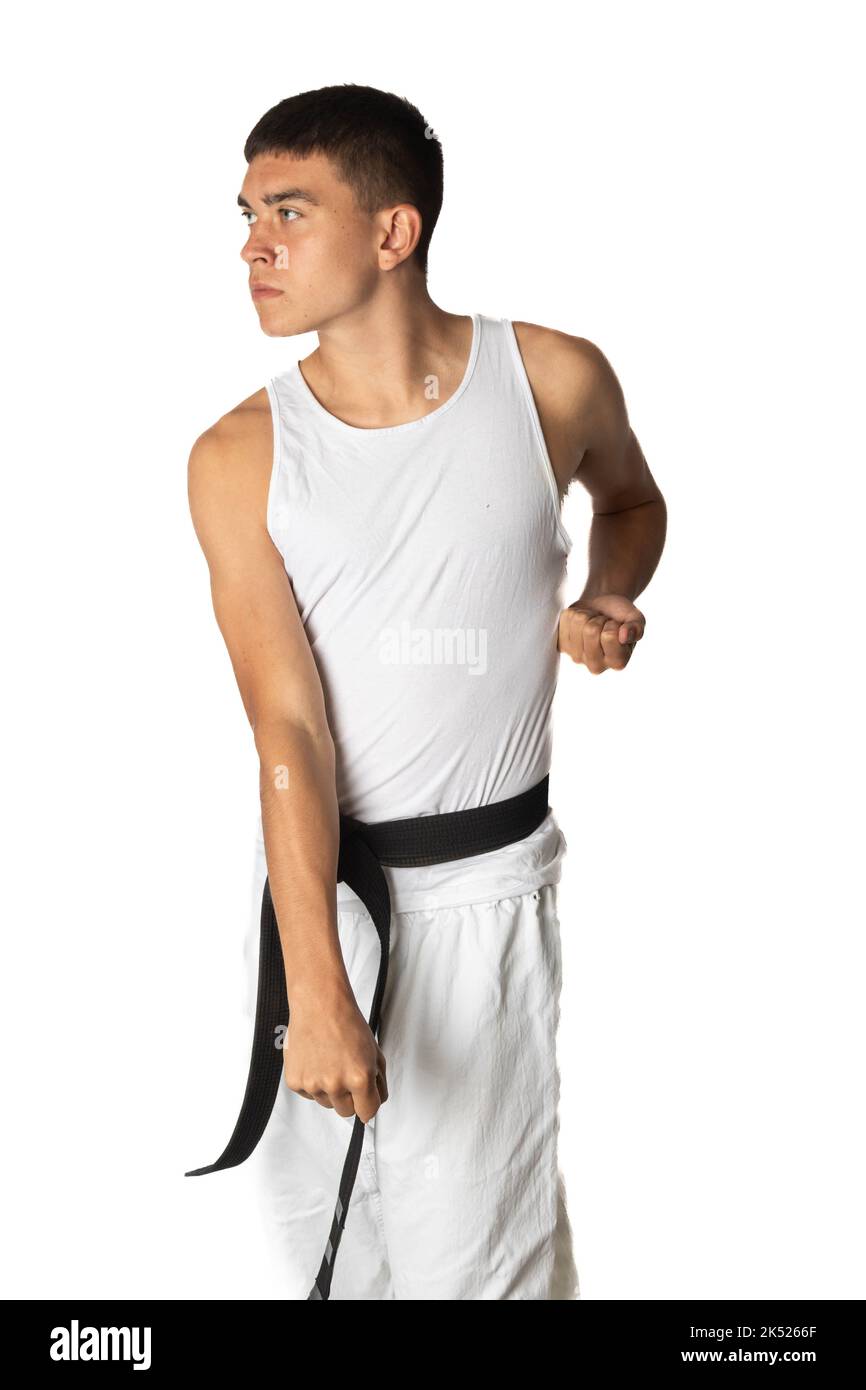 19 Year Old Teenage Boy Practacing a Karate Low Level Groin Block Stock ...