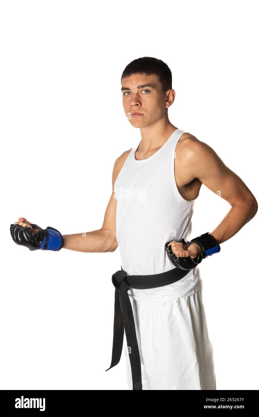 19 Year Old Practacing a Karate Short Punch wearing fighting gloves ...