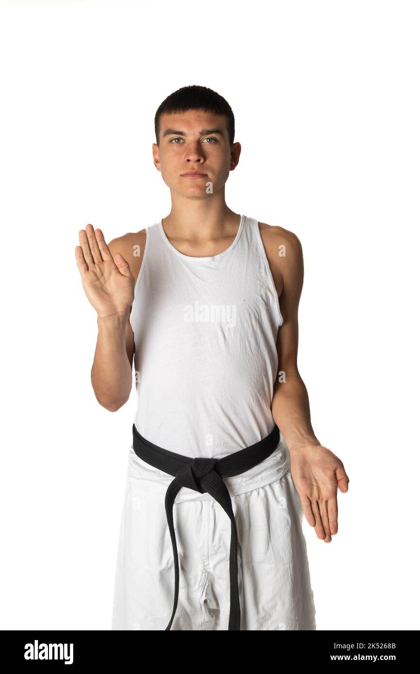 19 Year Old Teenage Boy Practacing a Karate Double Open Hand Block ...