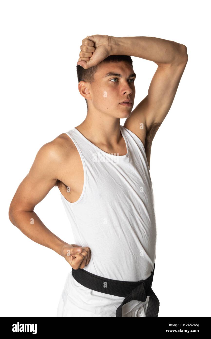 19 Year Old Teenage Boy Practacing a Karate Head Block Block Stock ...