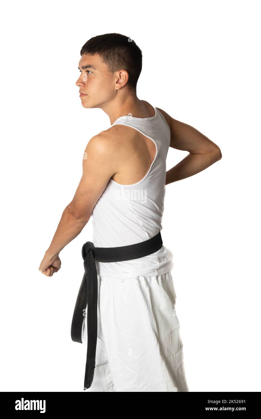 19 Year Old Teenage Boy Practacing a Karate Low Level Groin Block Stock ...