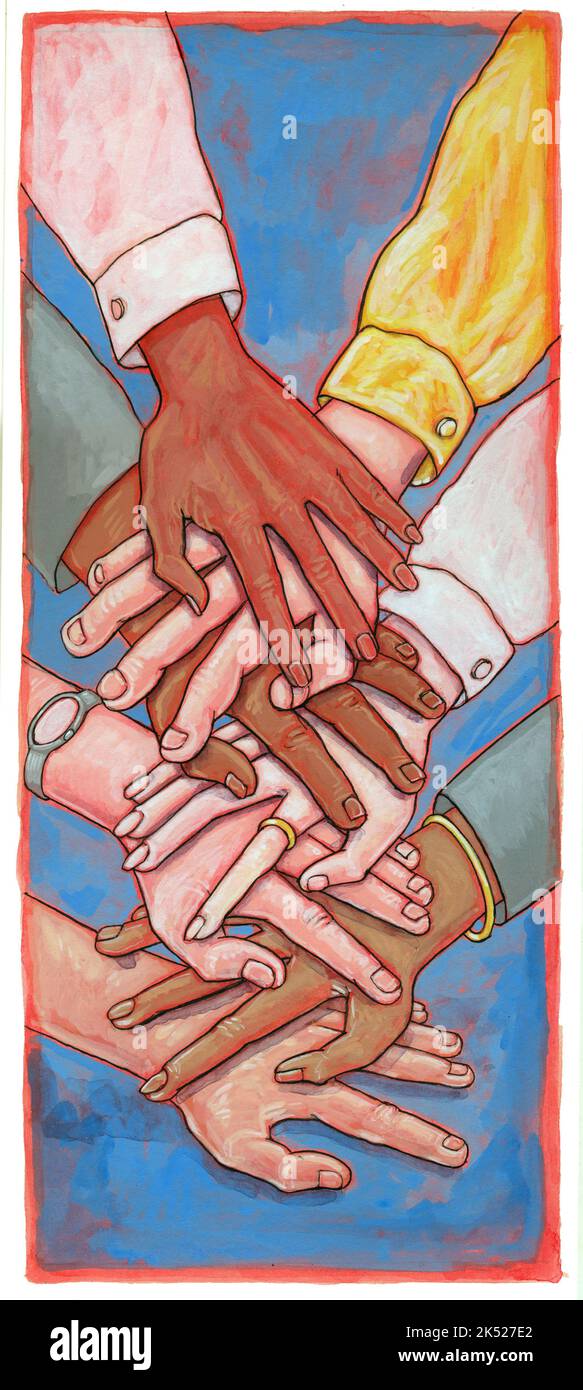 Art, a hand stack, hand on top of the other, illustrating the concept ...