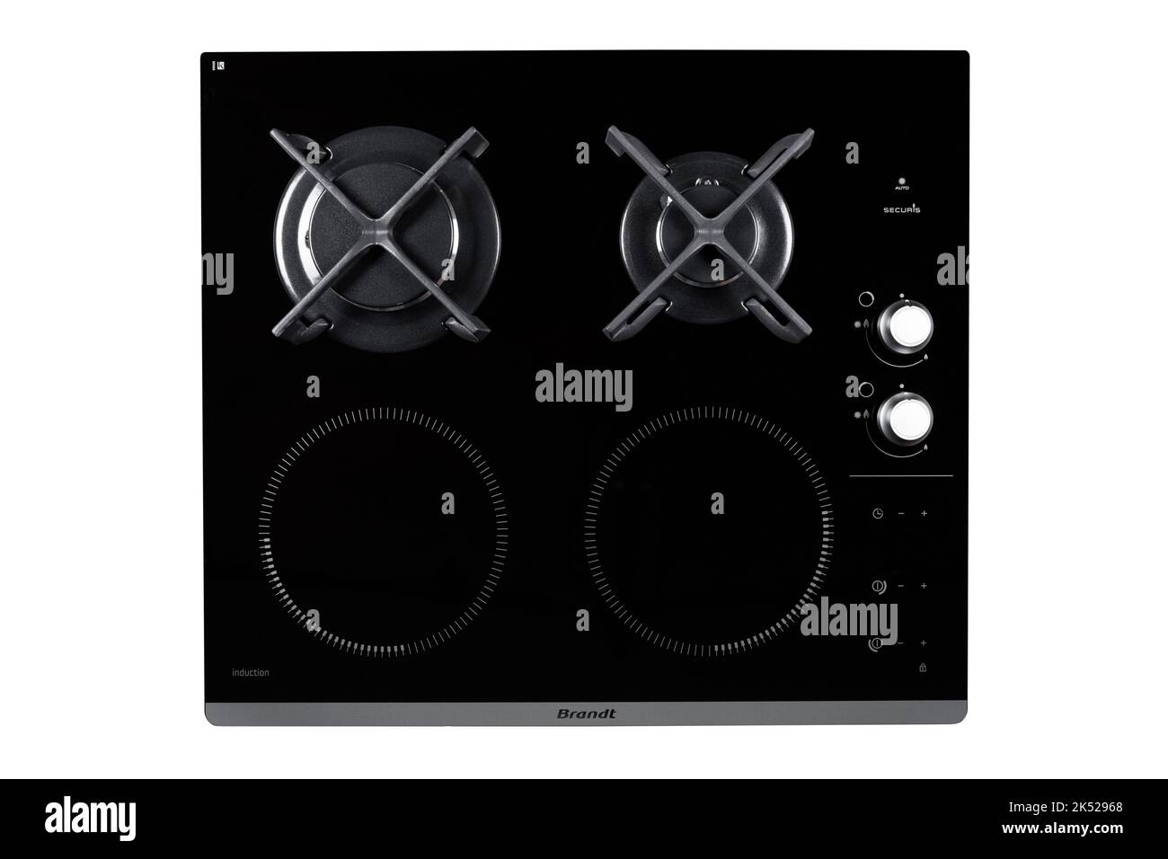 Combined cooking surface, for 4 burners, black color, top view, on a ...