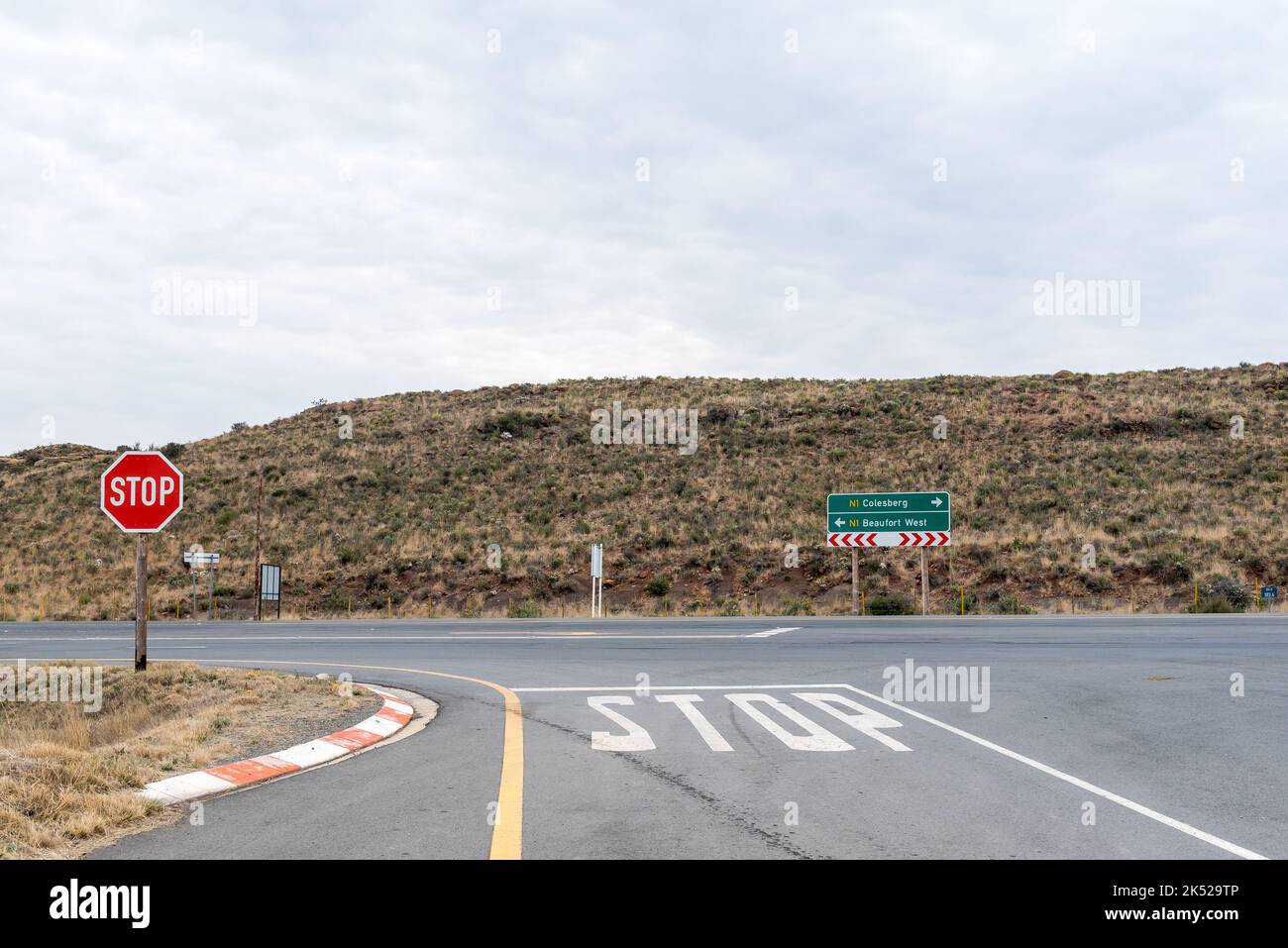 Junction on road N1 at Rchmond n the Northern Cape Karoo. A stop sign ...