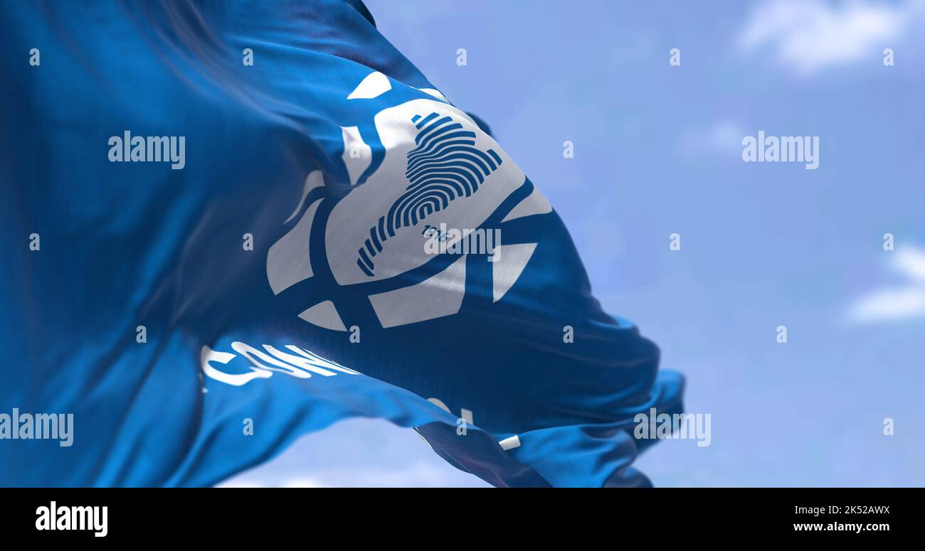 Luque, PAR, March 2022: Rear view of the a flag with the CONMEBOL logo ...