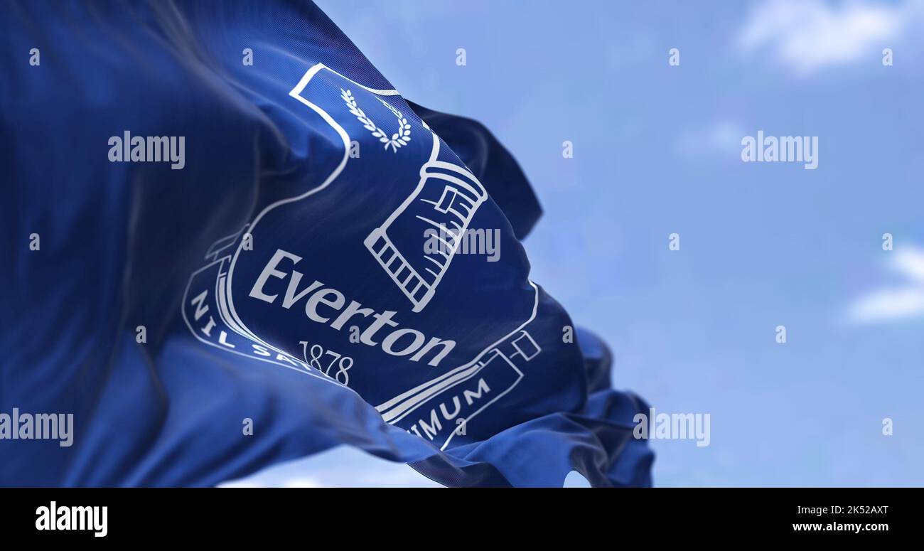Liverpool, UK, sept 2022: The flag of Everton football club waving in ...