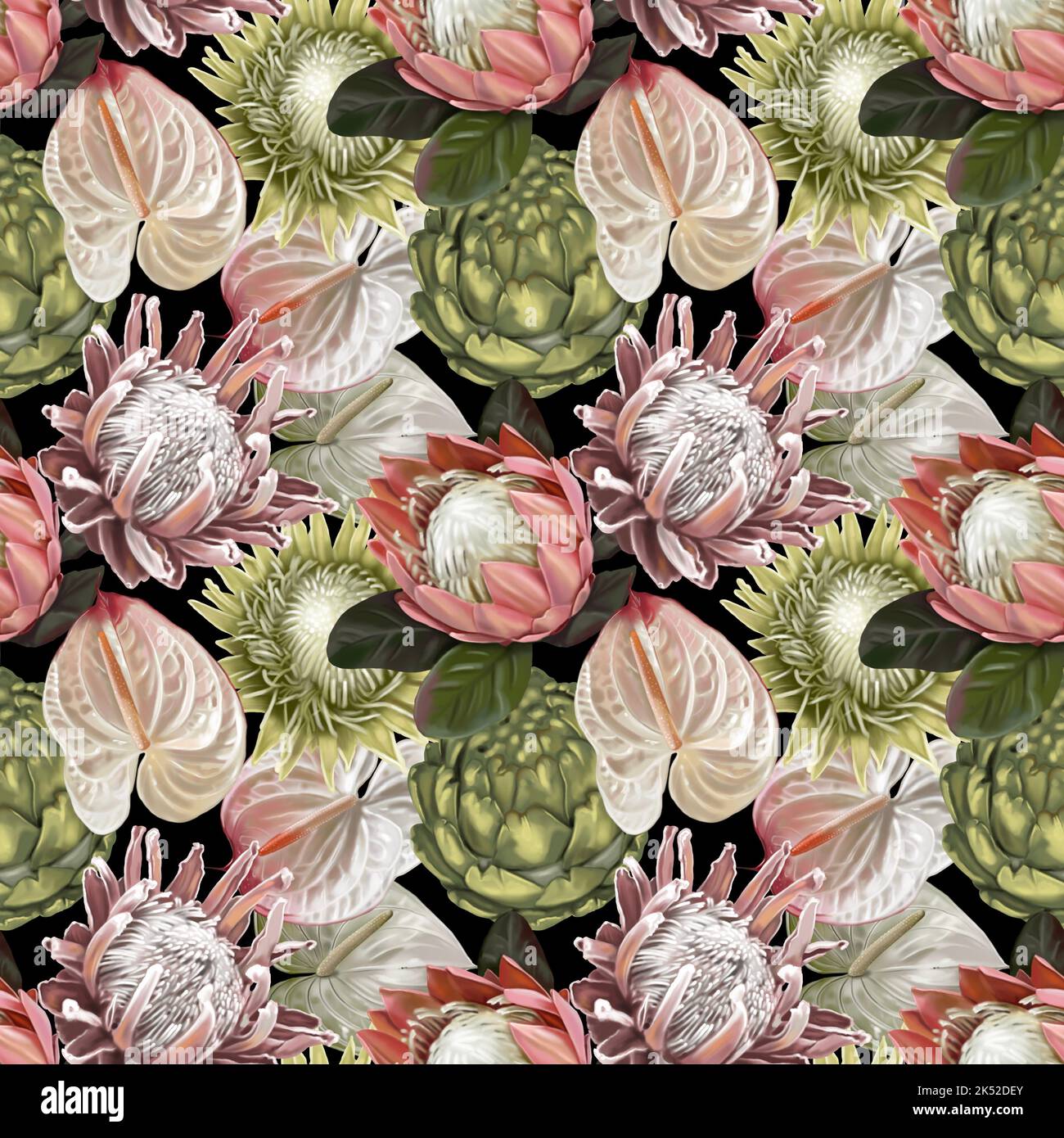 Protea seamless pattern. watercolor realist flowers of protea and ...