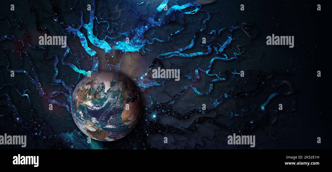 Planet Earth with tree crown or roots interlacing with the space ...