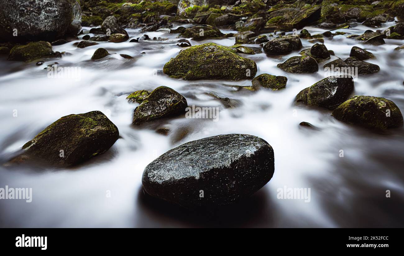 A realistic illustration of a rocky river with smooth water in the ...