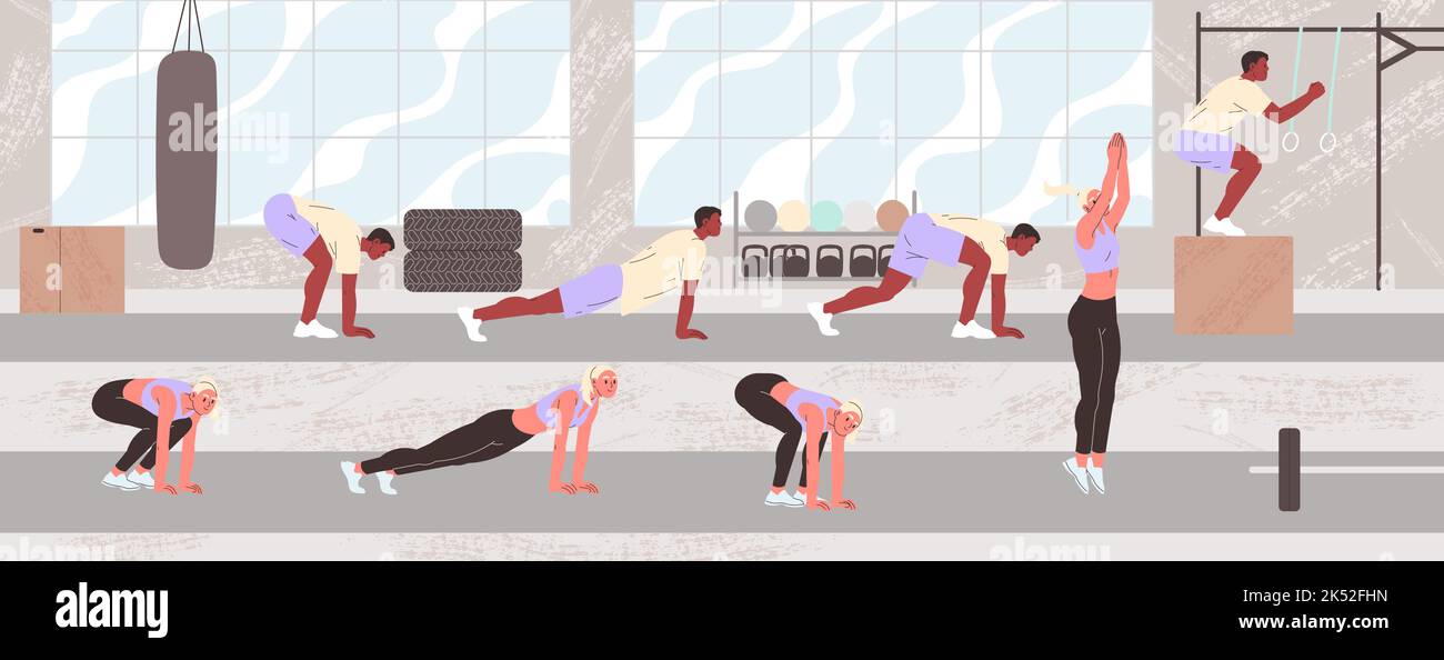 Burpee exercise performs man and woman in gym Stock Vector Image & Art ...
