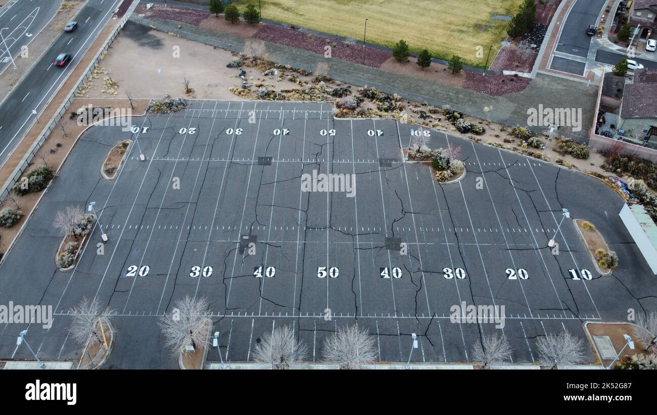 An aerial of a parking lot with football field markings Stock Photo - Alamy