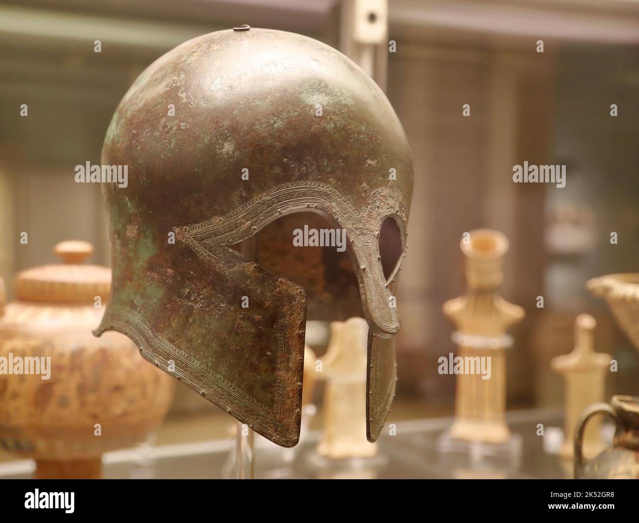 Greek helmet of Corinthian type displayed at the British Museum, London ...