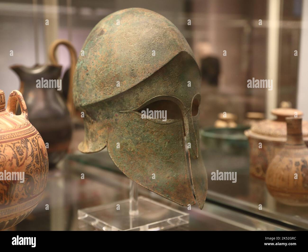 Greek helmet of Corinthian type displayed at the British Museum, London ...