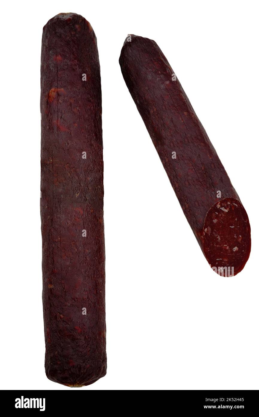 Two sticks of dried sausage, one cut off Stock Photo - Alamy