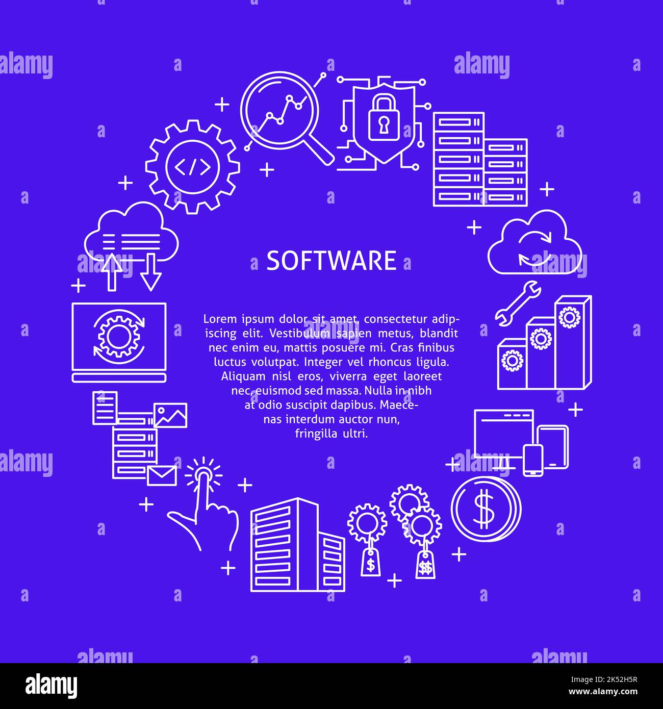 Computer software round poster in line style with place for text ...