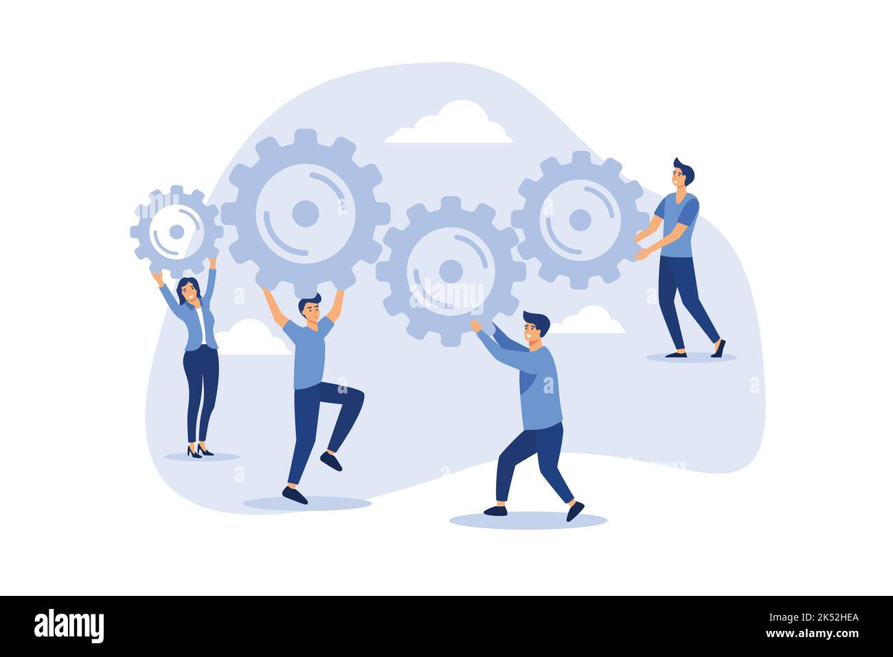 Collaboration or cooperate for team success, working together as teamwork to solve problem and ...