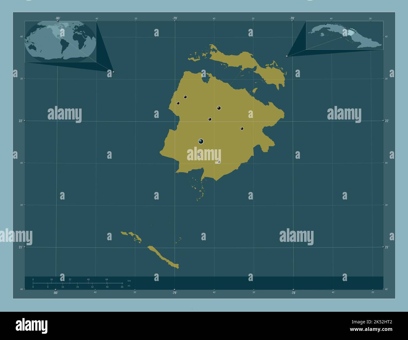 Ciego de Avila, province of Cuba. Solid color shape. Locations of major ...