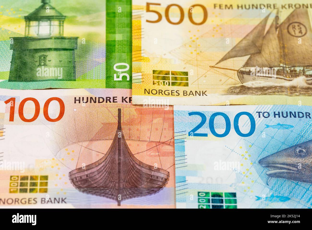 Norwegian Money, 50,100,200 and 500 Kronor Banknotes, Close-up, Top ...