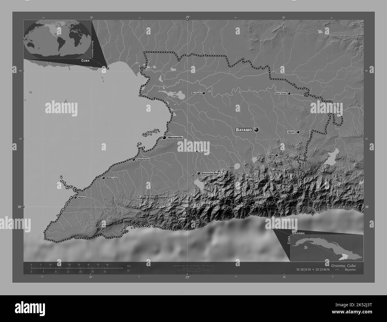 Granma, province of Cuba. Bilevel elevation map with lakes and rivers ...