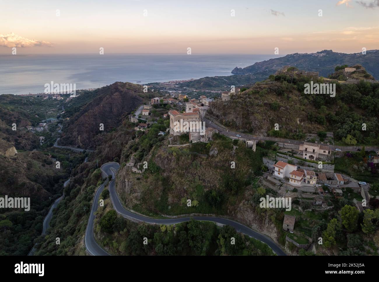 Savoca village in Sicily, Italy. Aerial view of Sicilian village Savoca ...