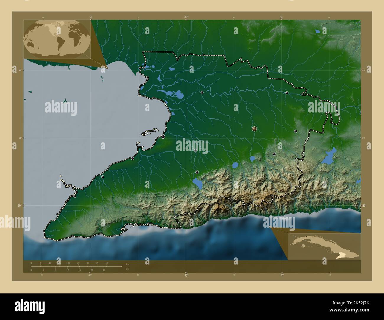 Granma, province of Cuba. Colored elevation map with lakes and rivers ...