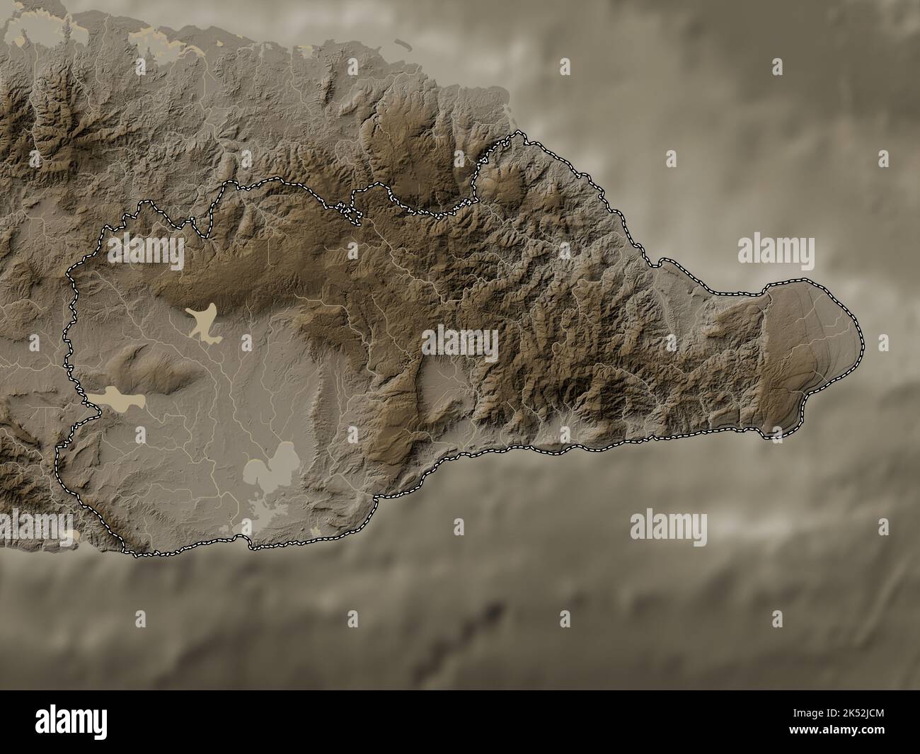 Guantanamo, province of Cuba. Elevation map colored in sepia tones with ...