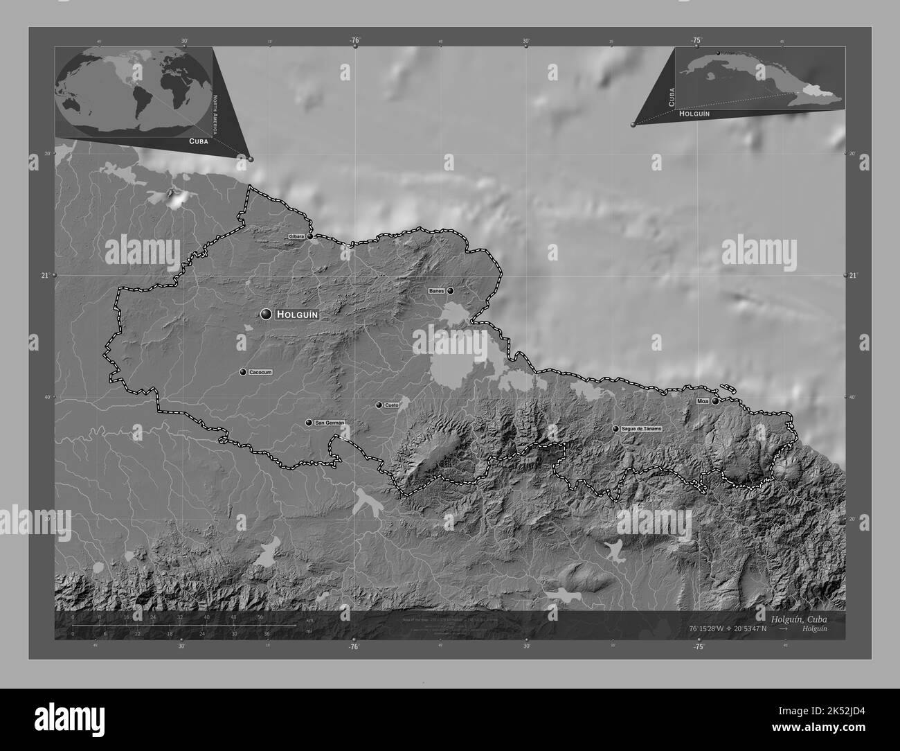Holguin, province of Cuba. Bilevel elevation map with lakes and rivers ...
