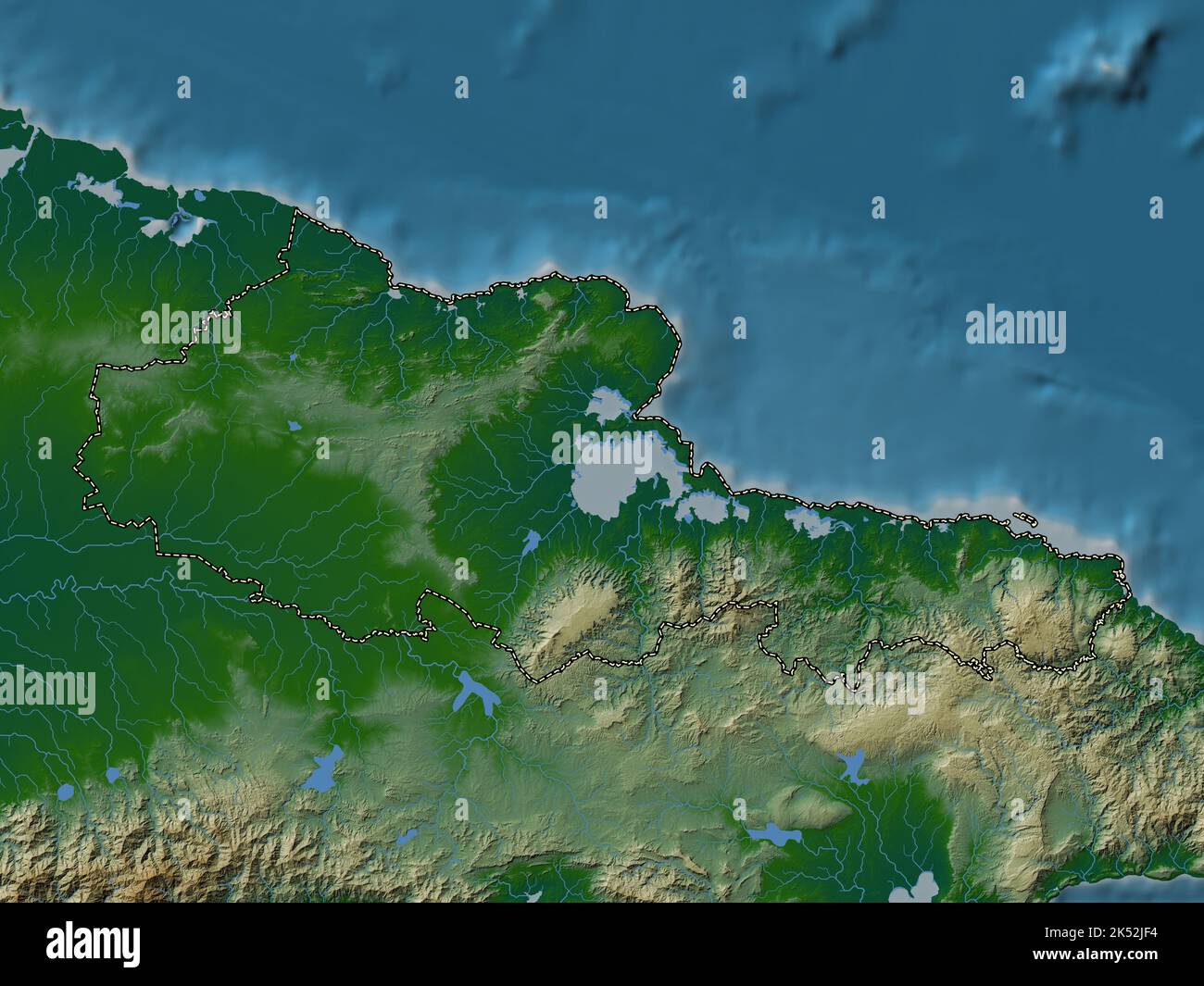 Holguin, province of Cuba. Colored elevation map with lakes and rivers ...