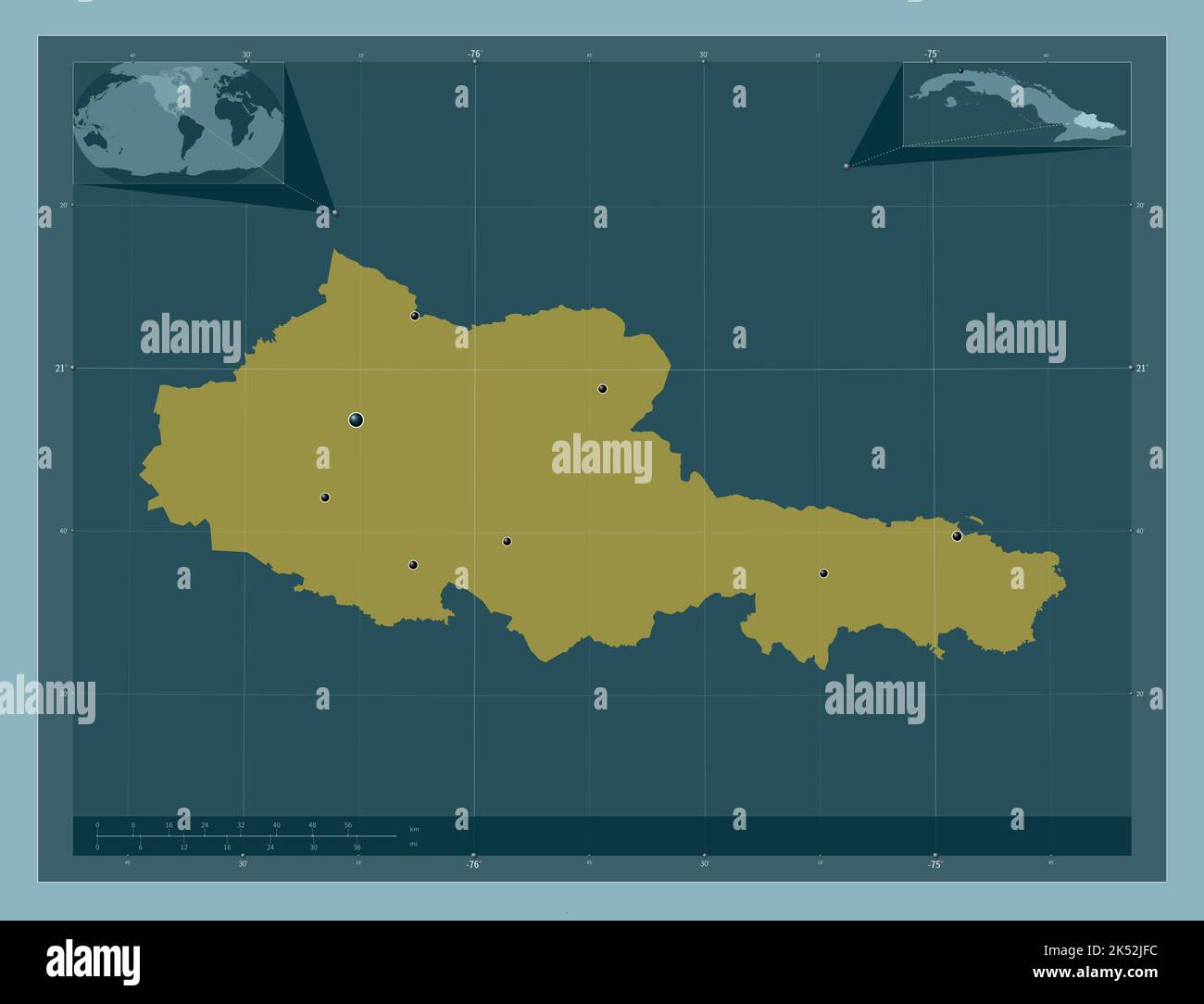 Holguin, province of Cuba. Solid color shape. Locations of major cities ...