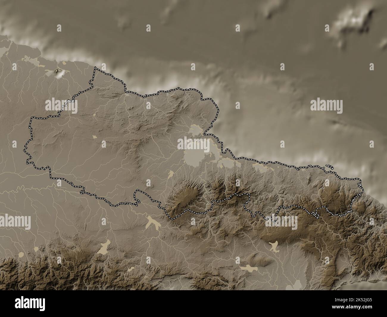 Holguin, province of Cuba. Elevation map colored in sepia tones with ...