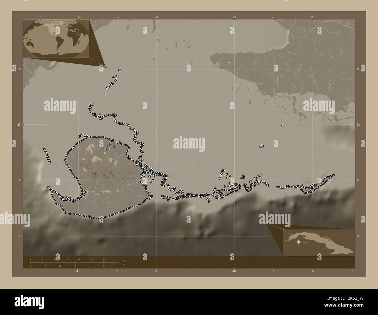 Isla de la Juventud, province of Cuba. Elevation map colored in sepia ...