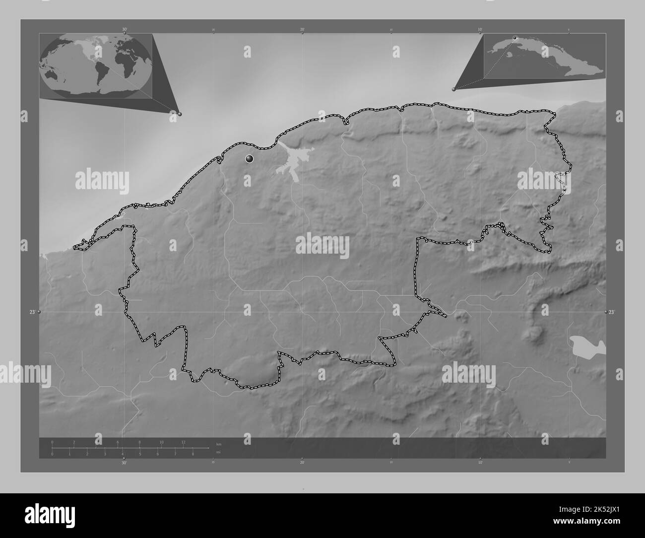 La Habana, province of Cuba. Grayscale elevation map with lakes and ...