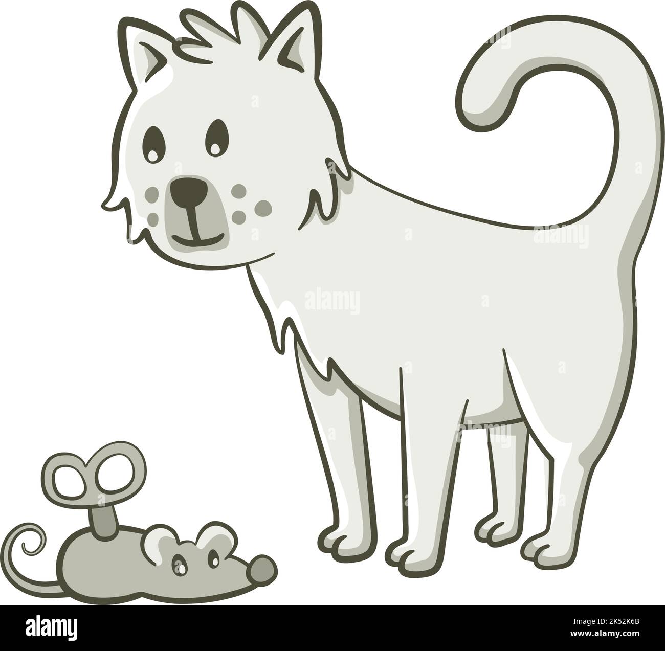 Cute illustration of a little cat that is standing looking at a toy ...