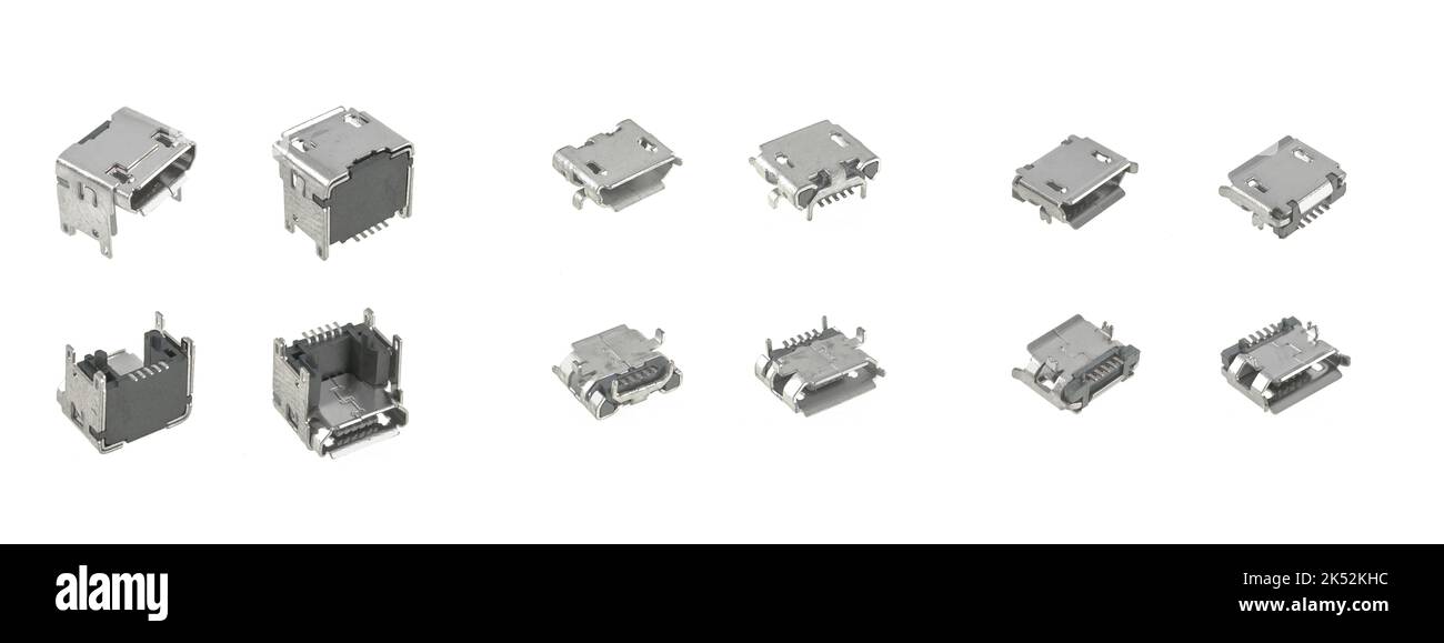 Micro-USB connectors, view from four sides, on a white background in ...