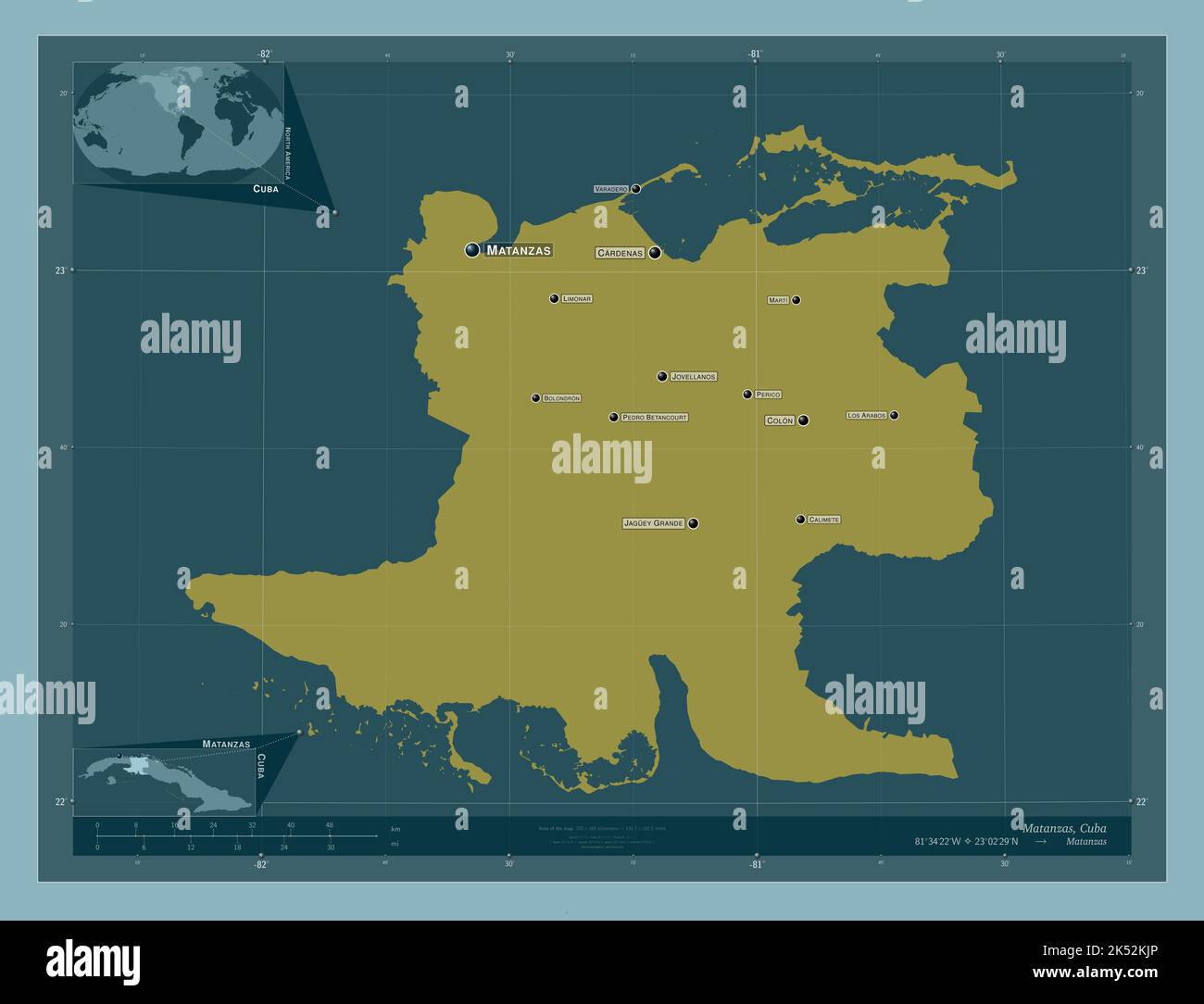 Matanzas, province of Cuba. Solid color shape. Locations and names of ...