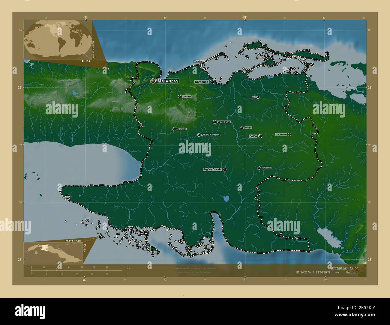 Matanzas, province of Cuba. Colored elevation map with lakes and rivers ...