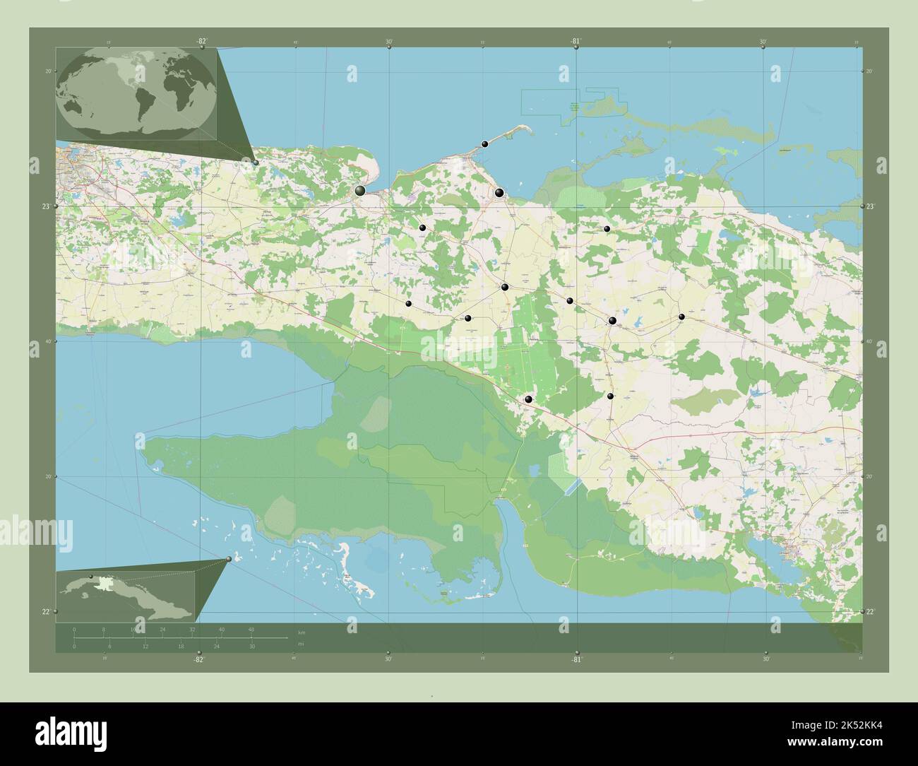 Matanzas, province of Cuba. Open Street Map. Locations of major cities ...
