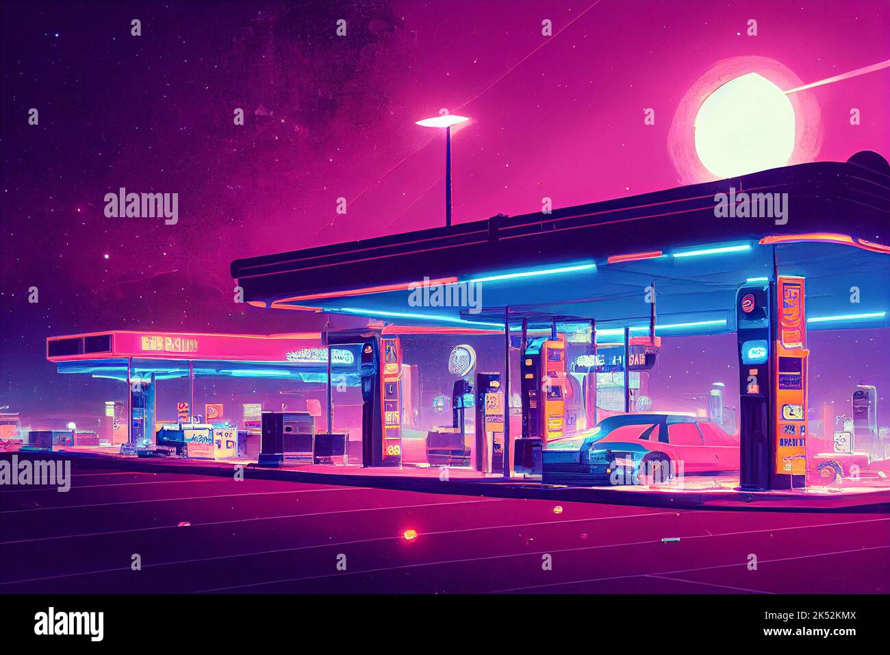 A fantasy illustration of a cyberpunk gas station with colorful neon ...