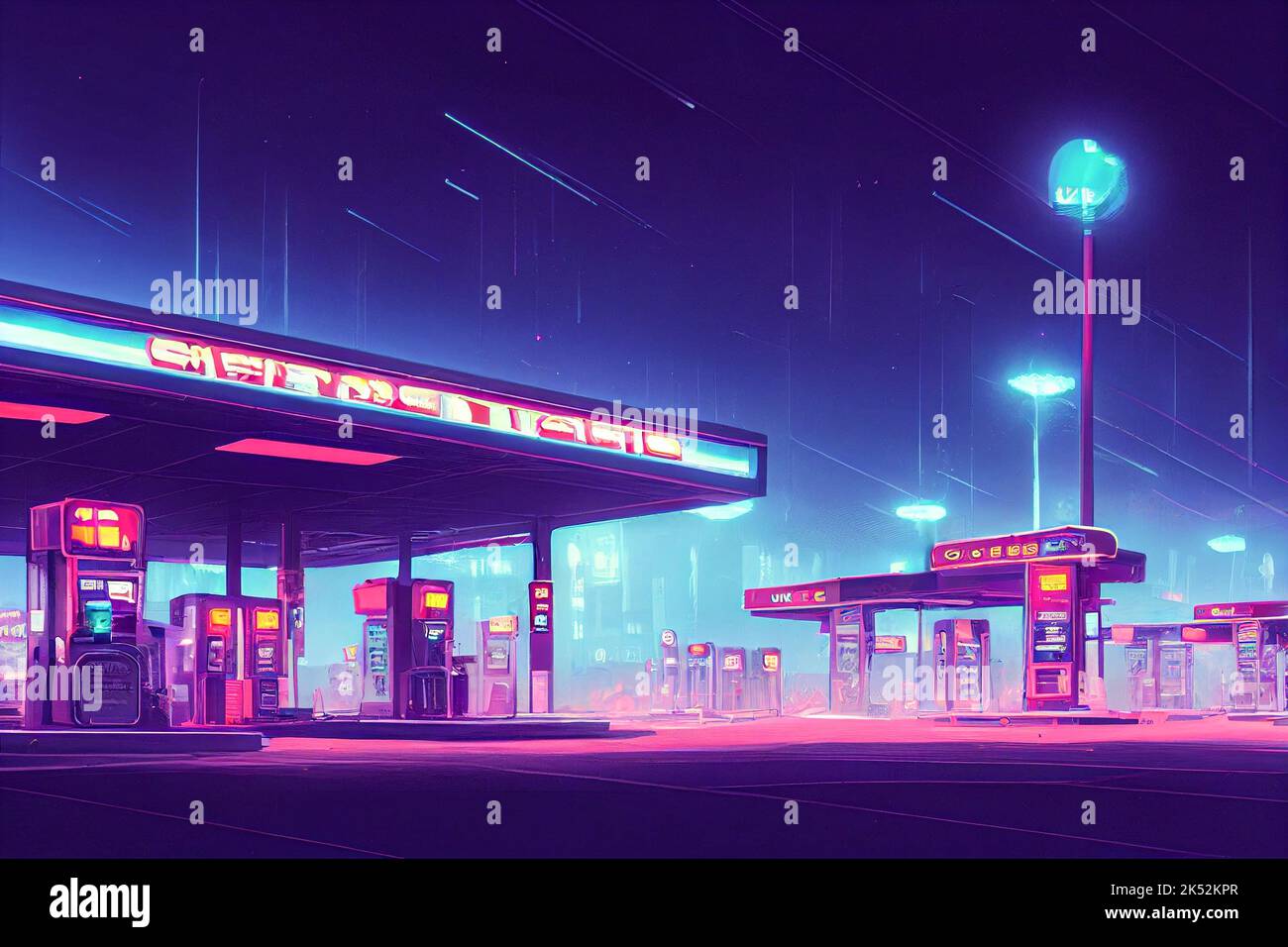 A fantasy illustration of a cyberpunk gas station with colorful neon ...