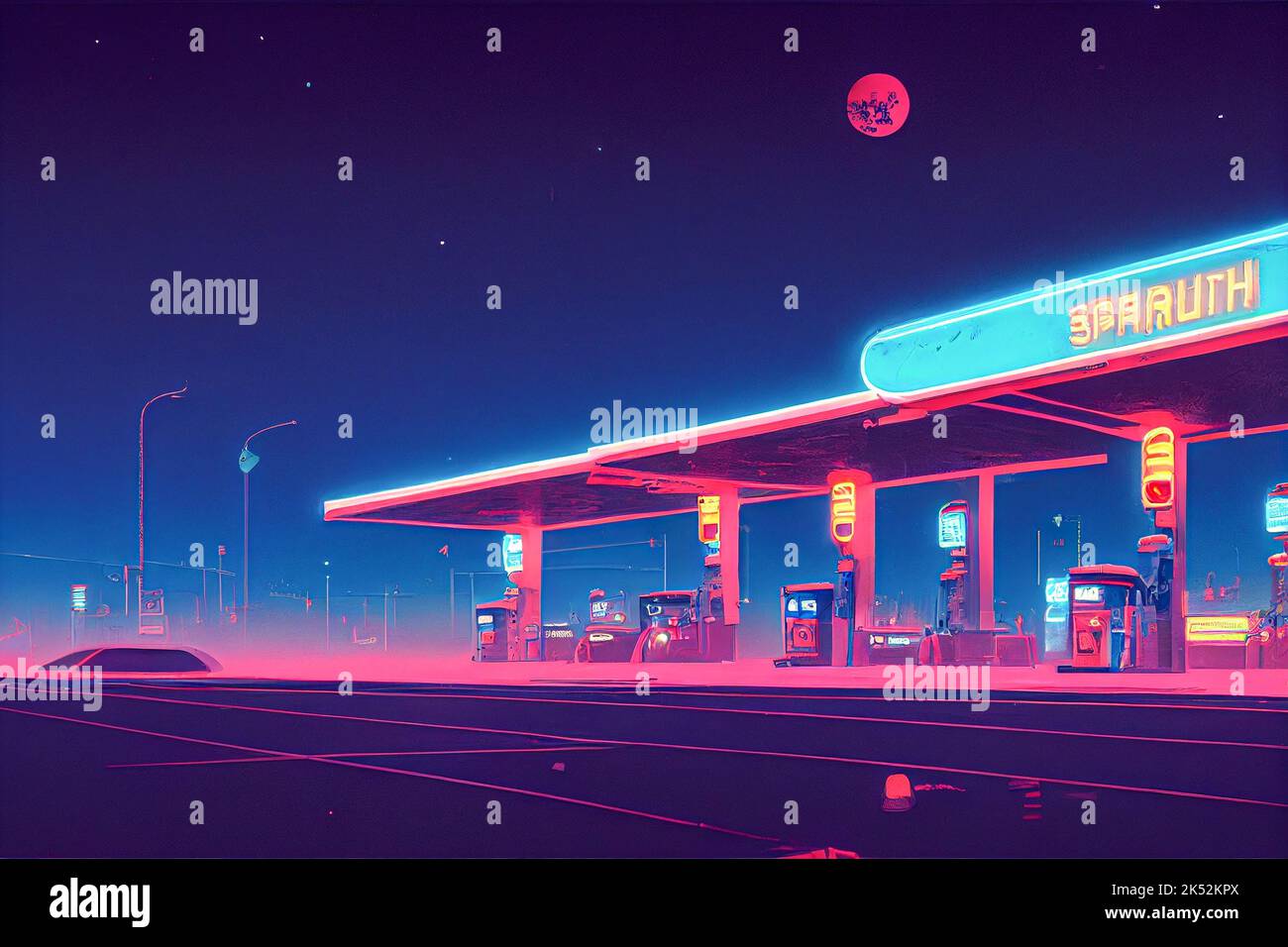 A fantasy illustration of a cyberpunk gas station with colorful neon ...